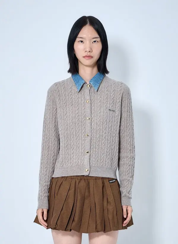 Miu Miu Cable Knit Cardigan With Denim Collar - Cream