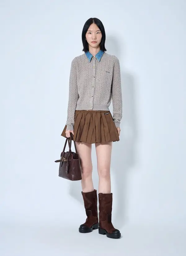 Miu Miu Cable Knit Cardigan With Denim Collar - Cream