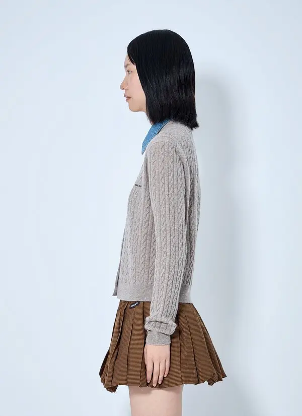 Miu Miu Cable Knit Cardigan With Denim Collar - Cream