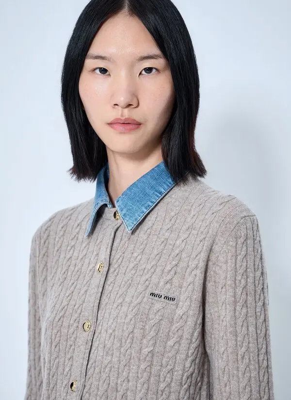 Miu Miu Cable Knit Cardigan With Denim Collar - Cream