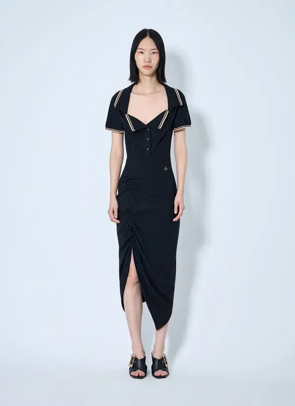 VIVIENNE WESTWOOD Ruched Midi Dress With Buttoned Collar Detail - Black