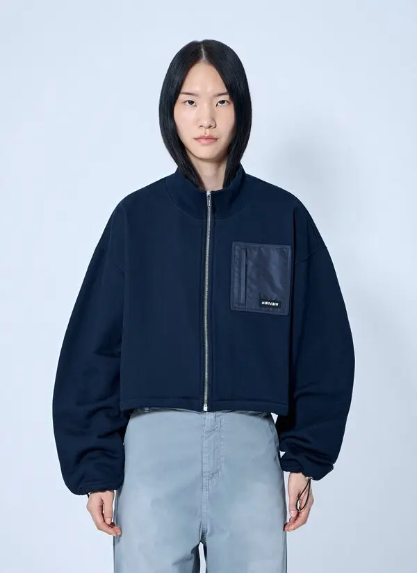 Miu Miu Cropped Zip Fleece Sweatshirt With Stand Collar And Chest Pocket - Blue