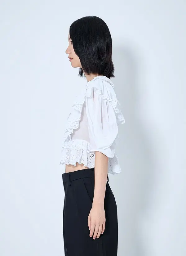 Chloé Cropped V-neck Puff Sleeve Eyelet Blouse - White