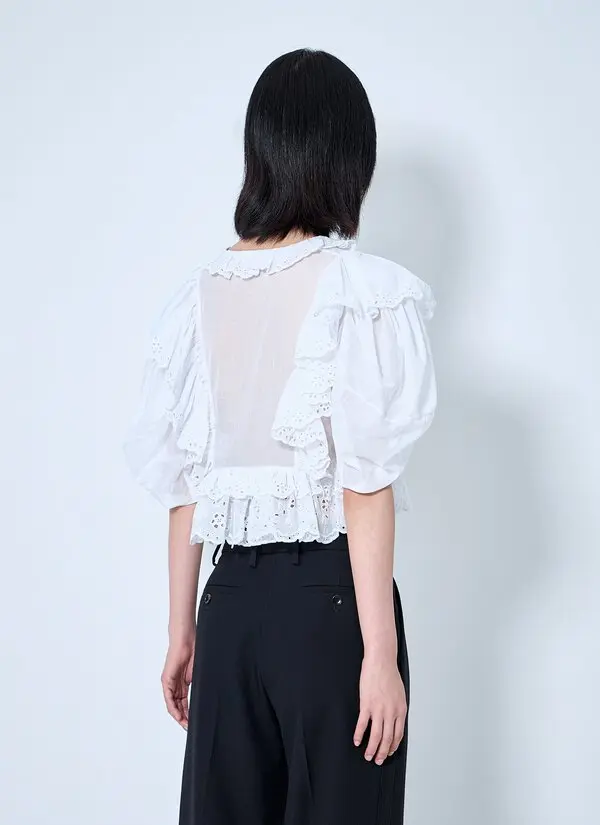 Chloé Cropped V-neck Puff Sleeve Eyelet Blouse - White
