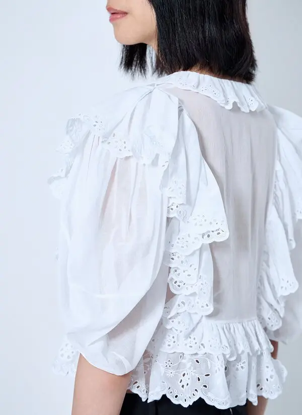 Chloé Cropped V-neck Puff Sleeve Eyelet Blouse - White