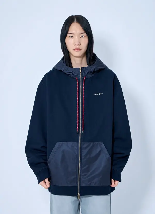 Miu Miu Zip-up Hoodie With Drawstring Hood And Contrast Pockets - Blue