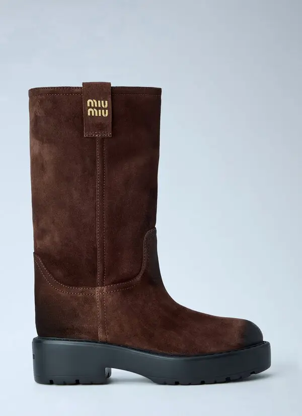 Miu Miu Suede Round-toe Boots With Contrast Rubber Sole - Brown