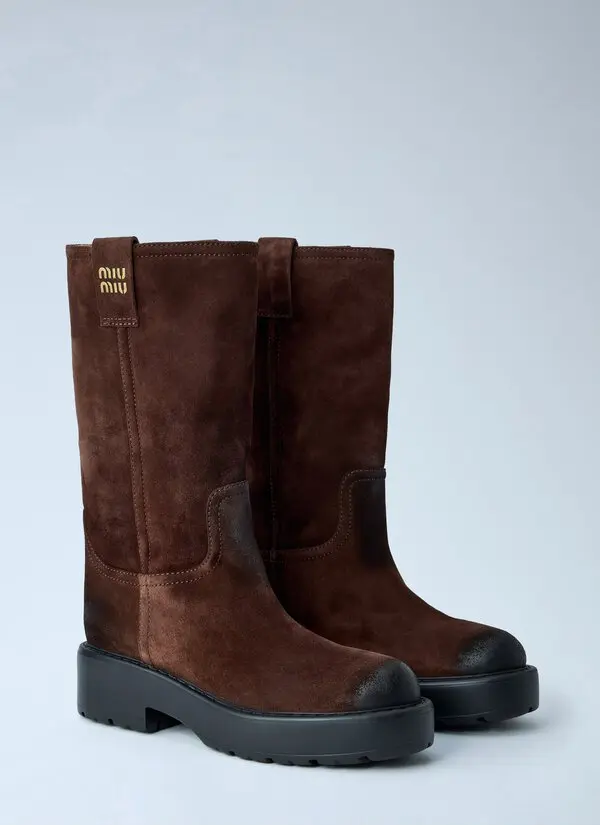 Miu Miu Suede Round-toe Boots With Contrast Rubber Sole - Brown