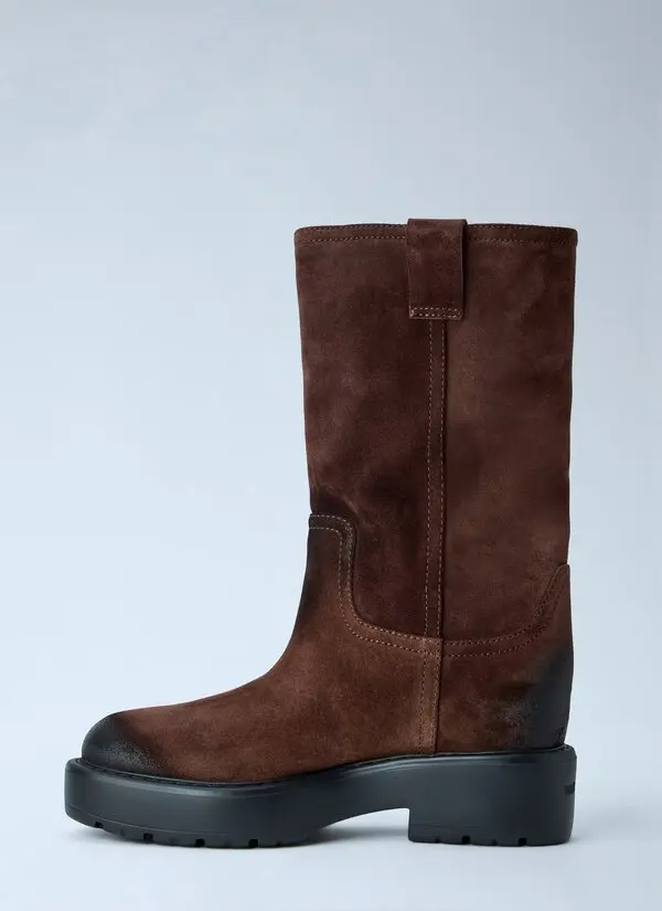 Miu Miu Suede Round-toe Boots With Contrast Rubber Sole - Brown