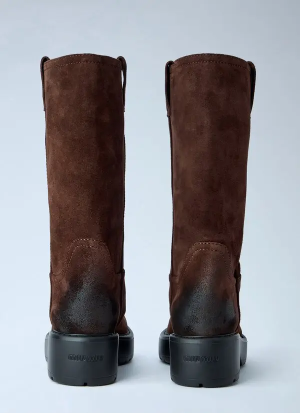 Miu Miu Suede Round-toe Boots With Contrast Rubber Sole - Brown