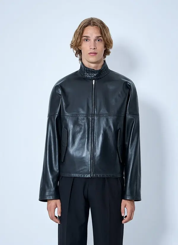 Bottega Veneta Intrecciato Leather Zip-up Blouson Jacket - Black