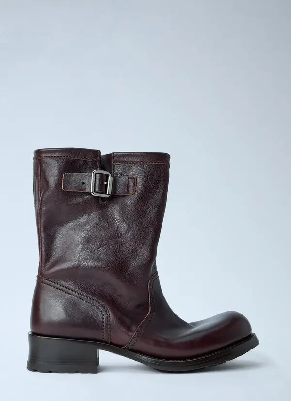 Prada Leather Mid-calf Boots With Buckle Detail - Brown