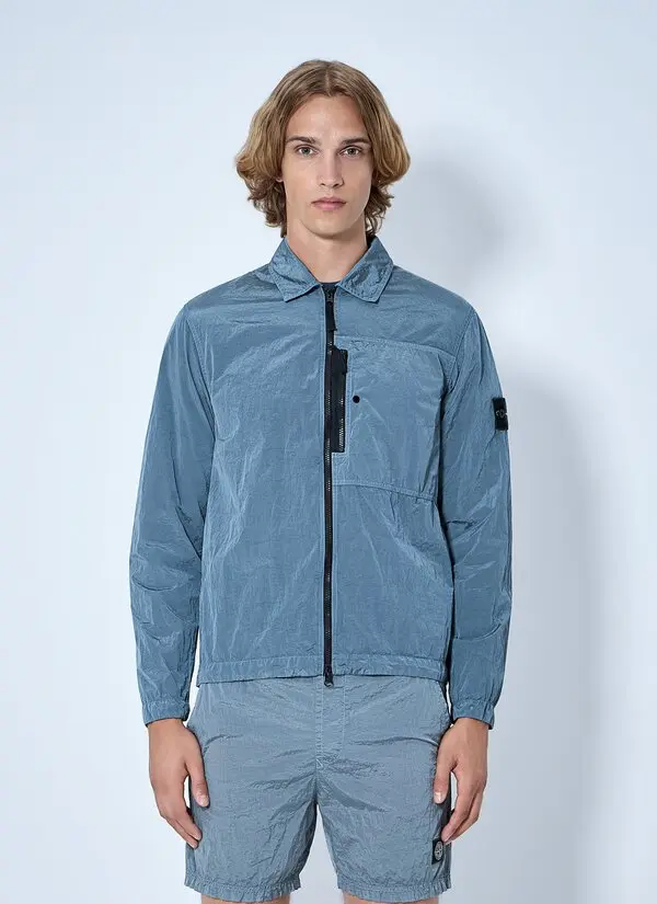 Stone Island Zip-up Jacket With Chest Pocket And Logo Patch - Blue