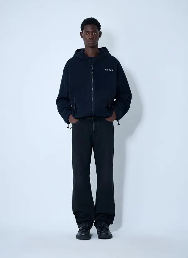 Miu Miu Hooded Cotton Fleece Sweatshirt With Logo Motif
