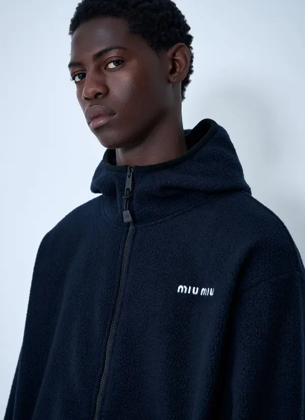 Miu Miu Hooded Cotton Fleece Sweatshirt With Logo Motif