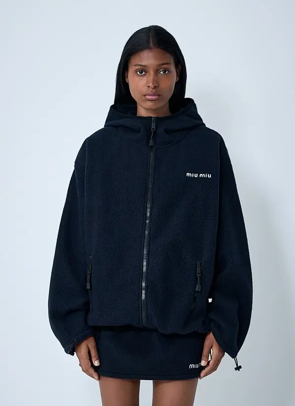 Miu Miu Hooded Cotton Fleece Sweatshirt With Logo Motif