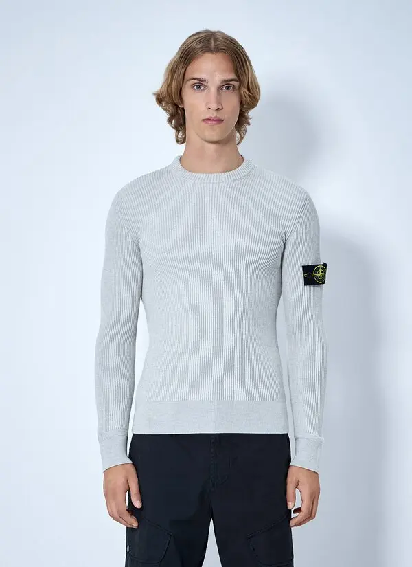 Stone Island Ribbed Crewneck Sweater With Logo Patch - Gray