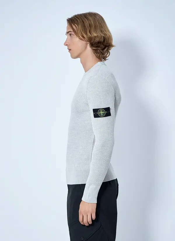 Stone Island Ribbed Crewneck Sweater With Logo Patch - Gray