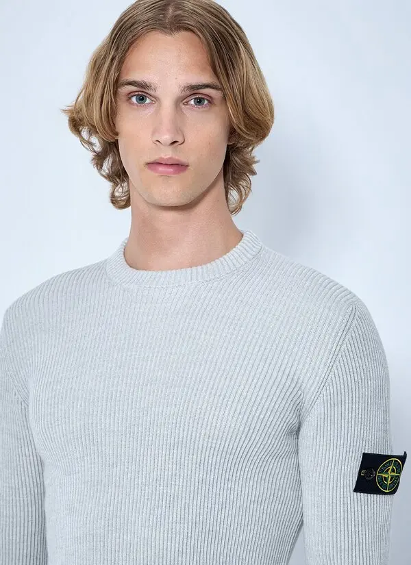 Stone Island Ribbed Crewneck Sweater With Logo Patch - Gray