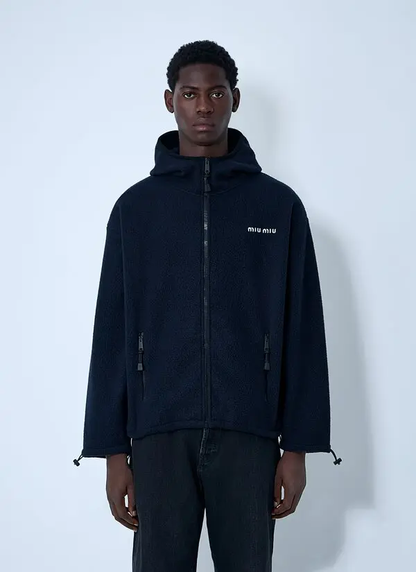 Miu Miu Fleece Hooded Sweatshirt With Logo Motif - Blue