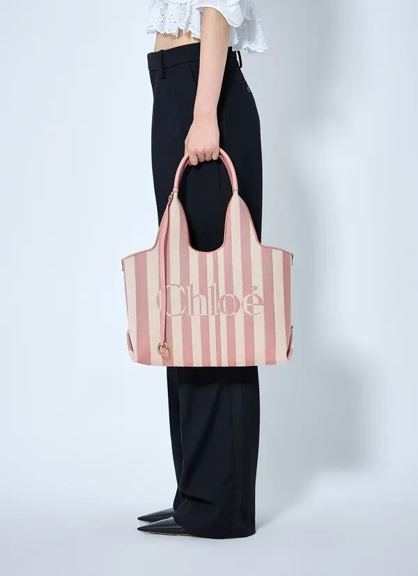 Chloé East-west Tote Bag With Stripes And Embroidered Logo - Pink