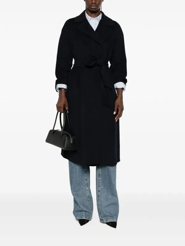 Max Mara Navy Blue Long Sleeve Belted Coat - Multicolor