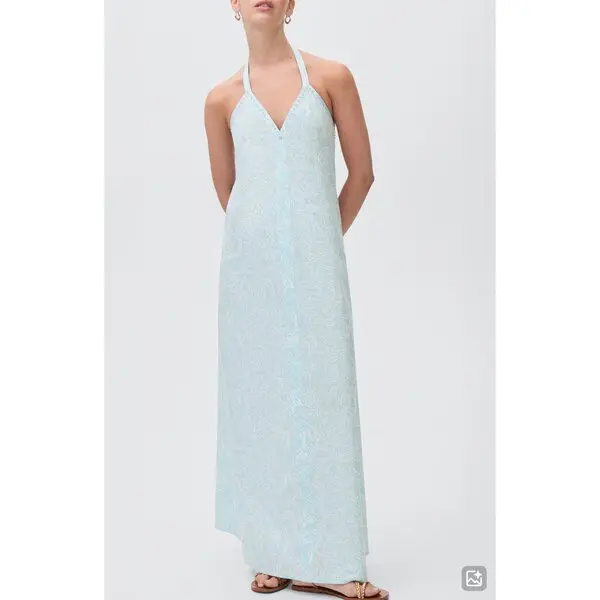 Mango Beaded Print Sleeveless Halter Maxi Dress - Turquoise