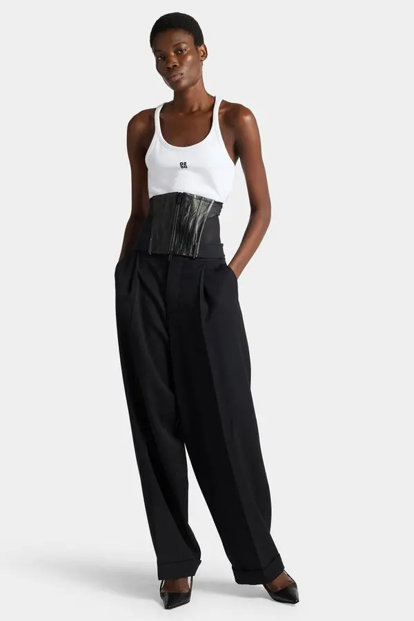 Dsquared2 Tailored Corset Wide-leg Trousers With Leather Bustier Detail - Black