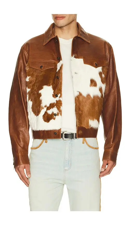 AUSTIN POST Leather Trucker Jacket With Fur Accents - Brown