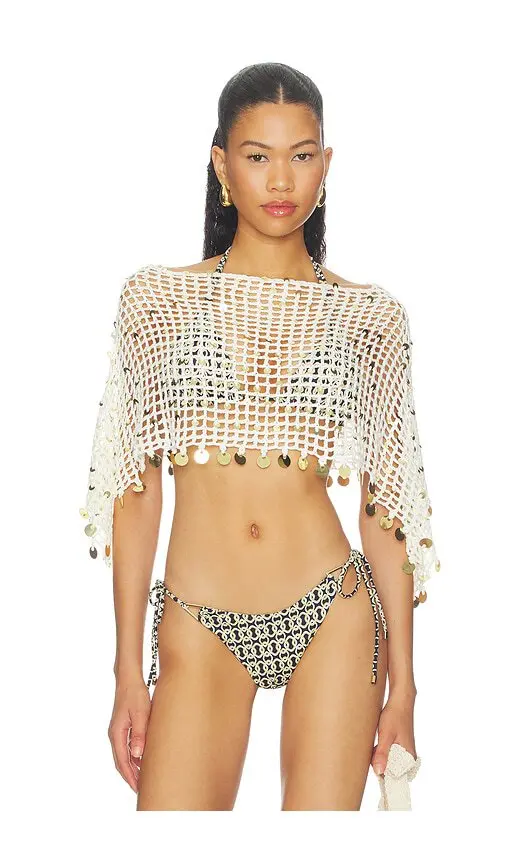 Superdown Crochet Poncho With Embellished Hem - Ivory