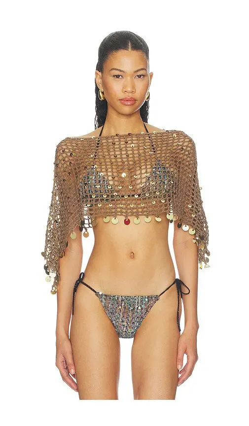 Superdown Crochet Poncho With Embellishments - Brown