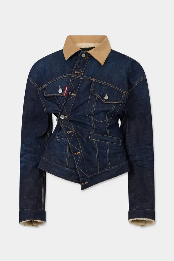 Dsquared2 Wrap Oversized Denim Trucker Jacket With Wool Lining And Corduroy Collar - Blue