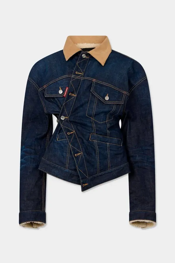 Dsquared2 Wrap Oversized Denim Trucker Jacket With Wool Lining And Corduroy Collar