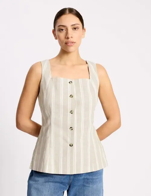 ALBARAY Square Neck Stripe Button Top