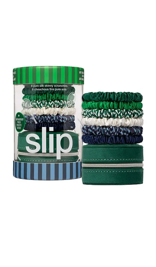 Slip Pure Silk Skinny Scrunchies Set Of 6 With Pouch - Green