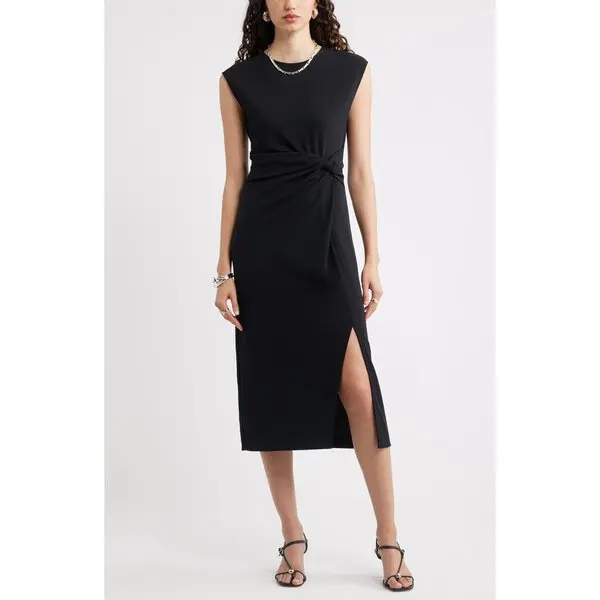 Nordstrom Sleeveless Twisted Knot Midi Dress With Side Slit - Black