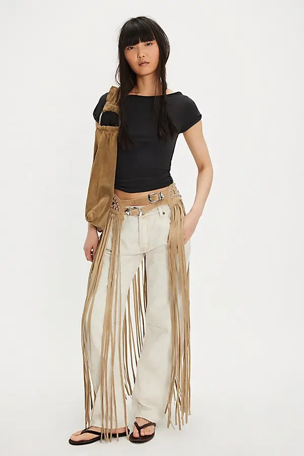 UNDERSTATED LEATHER Paris Texas Maxi Skirt Belt With Suede Fringe And Stud Embellishments - Dust