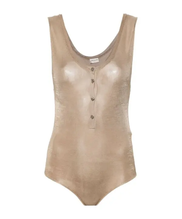 Saint Laurent Sleeveless Scoop Neck Silk Bodysuit - Nude