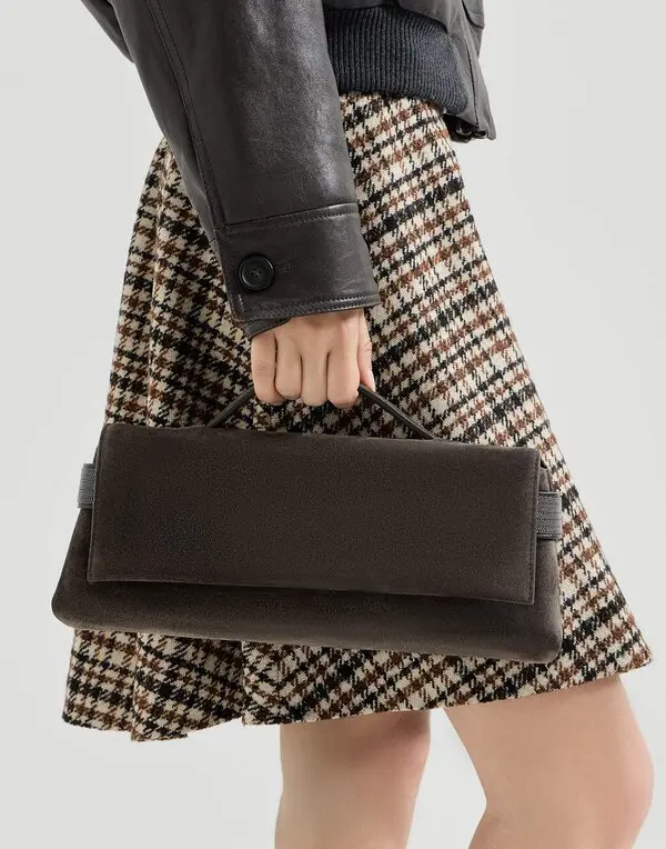 Brunello Cucinelli Suede Clutch Bag With Embellished Bands - Black