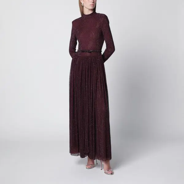 SELF-PORTRAIT Embellished High Neck Long Sleeve Maxi Dress - Red