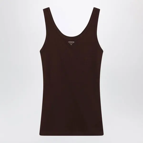 Prada Ribbed Cotton Tank Top With Triangle Logo - Brown