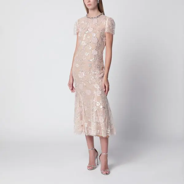SELF-PORTRAIT Floral Sequin Midi Dress - Pink
