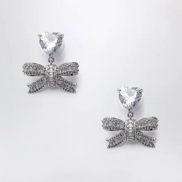 SELF-PORTRAIT Crystal Bow Heart Drop Earrings - Silver