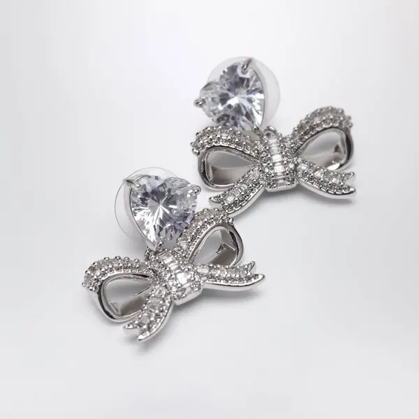 SELF-PORTRAIT Crystal Bow Heart Drop Earrings - Silver