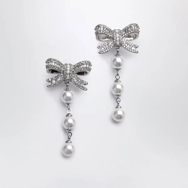 SELF-PORTRAIT Crystal Bow And Synthetic Pearl Drop Earrings - Silver