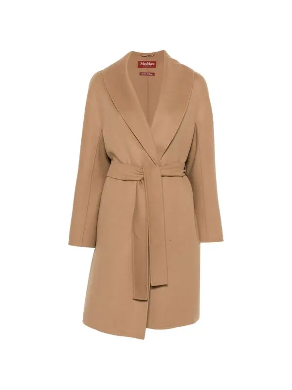 Max Mara Camel Brown Shawl Lapel Belted Coat - Multicolor