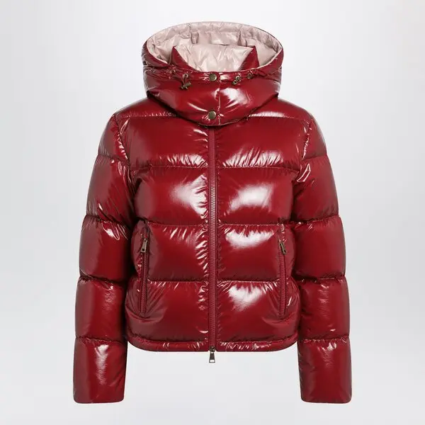 Moncler Cropped Down Jacket With Glossy Finish And Drawstring Hem - Red