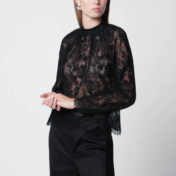 SELF-PORTRAIT High Neck Long Sleeve Lace Blouse - Black