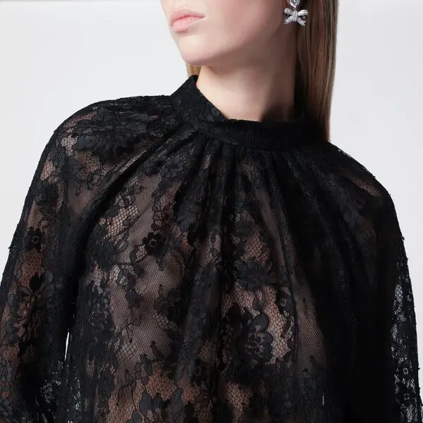 SELF-PORTRAIT High Neck Long Sleeve Lace Blouse - Black