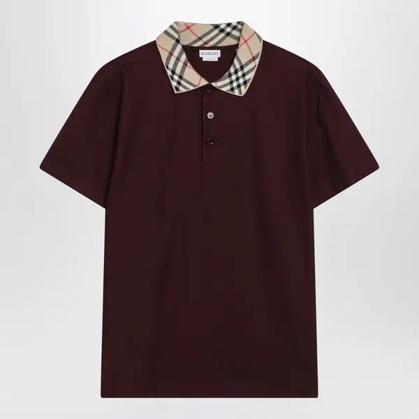 Burberry Cotton Polo Shirt With Check Collar In Vineyard - Red